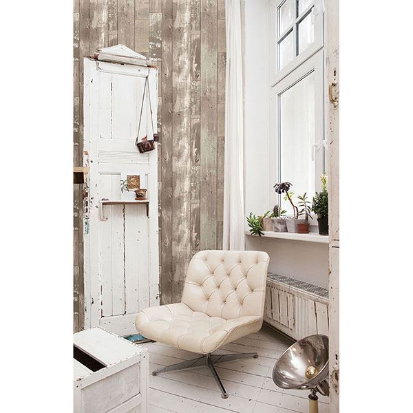 2767-20132 - Harbored Neutral Distressed Wood Panel Wallpaper - by Brewster
