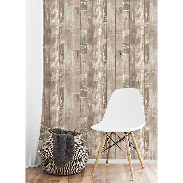 2767-20132 - Harbored Neutral Distressed Wood Panel Wallpaper - by Brewster