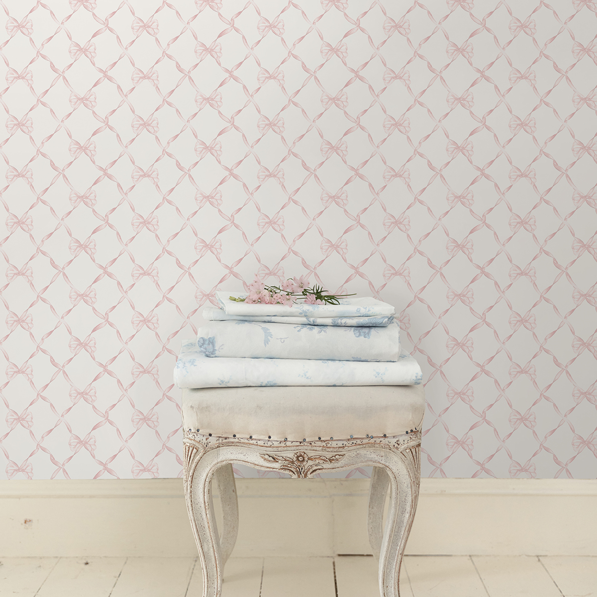 AST4114 - Baby Bow Light Pink Ribbon Trellis Wallpaper - by A-Street Prints