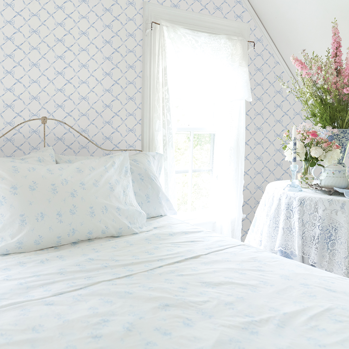 AST4168 - Baby Bow Light Blue Ribbon Trellis Wallpaper - by A-Street Prints