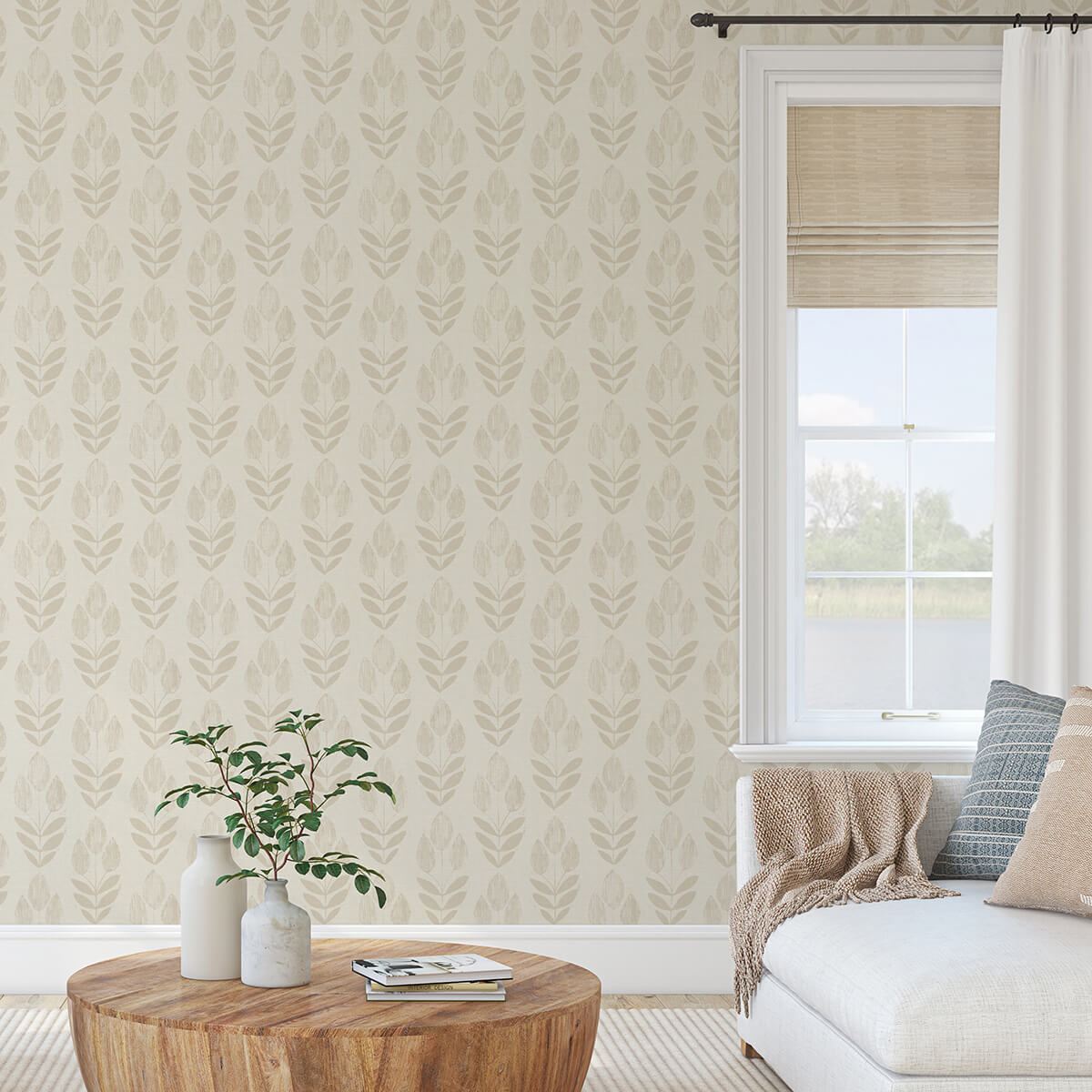 NUS4302 - Cream Folk Tulip Peel and Stick Wallpaper - by NuWallpaper
