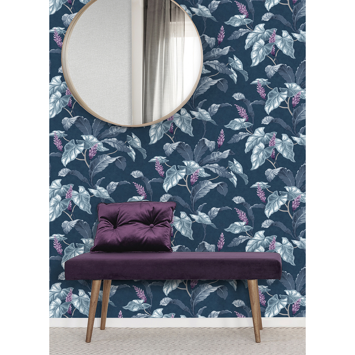 M1693 - Meridian Parade Blue Tropical Leaves Wallpaper - by Brewster