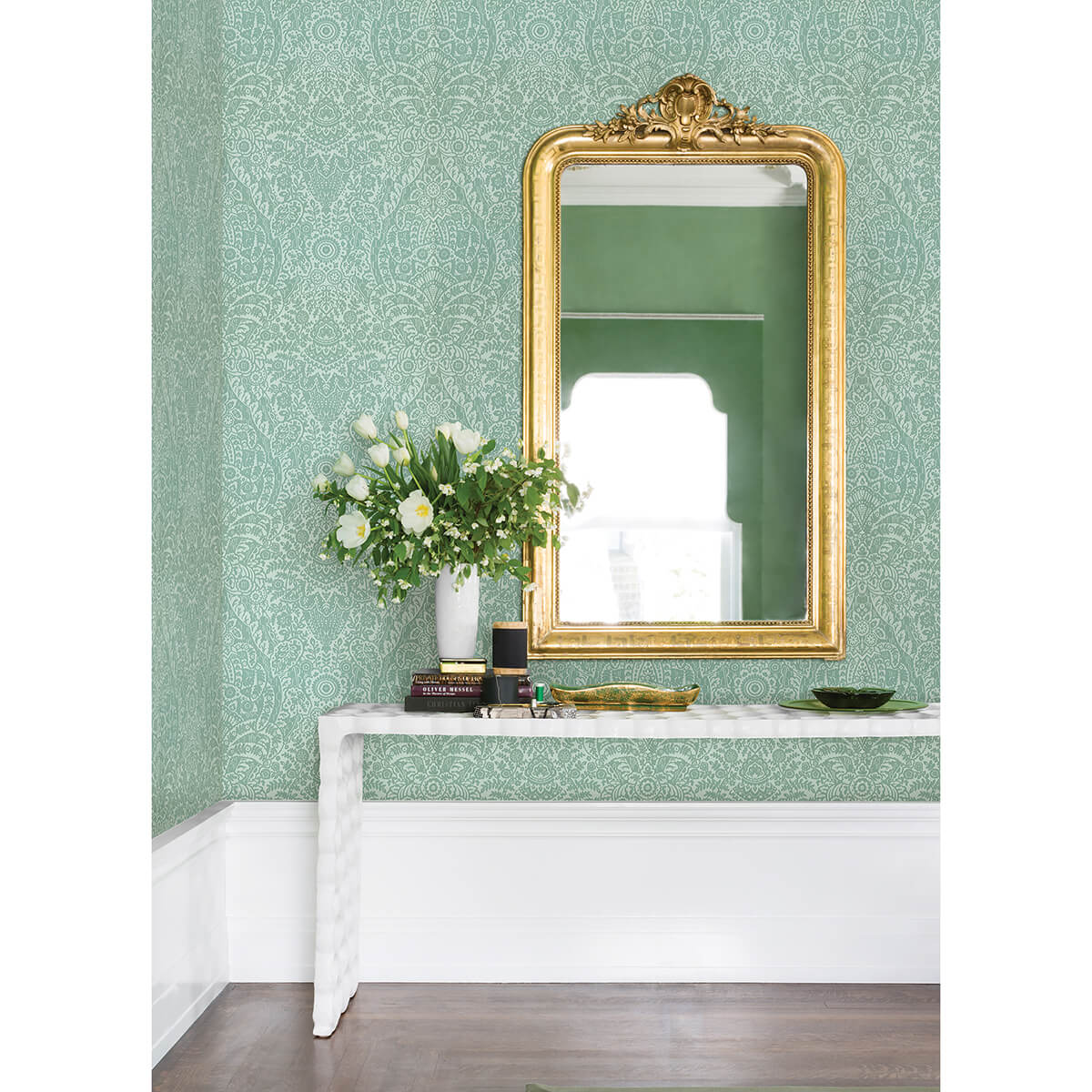 2973-87369 - Maris Mint Flock Damask Wallpaper - by A-Street Prints