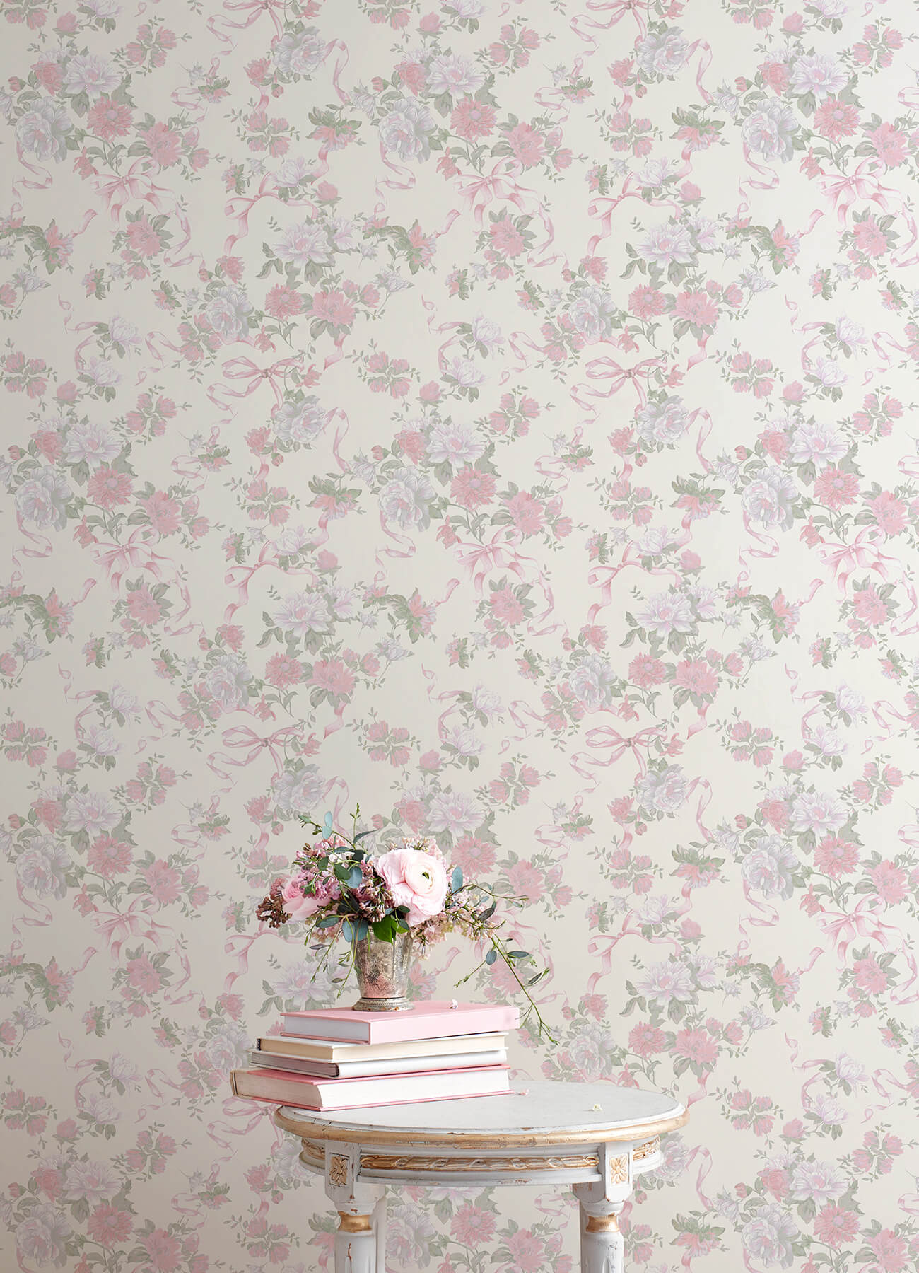 AST4653 - Cabbage Rose Bow Pretty in Pink Ribbons & Roses Wallpaper ...