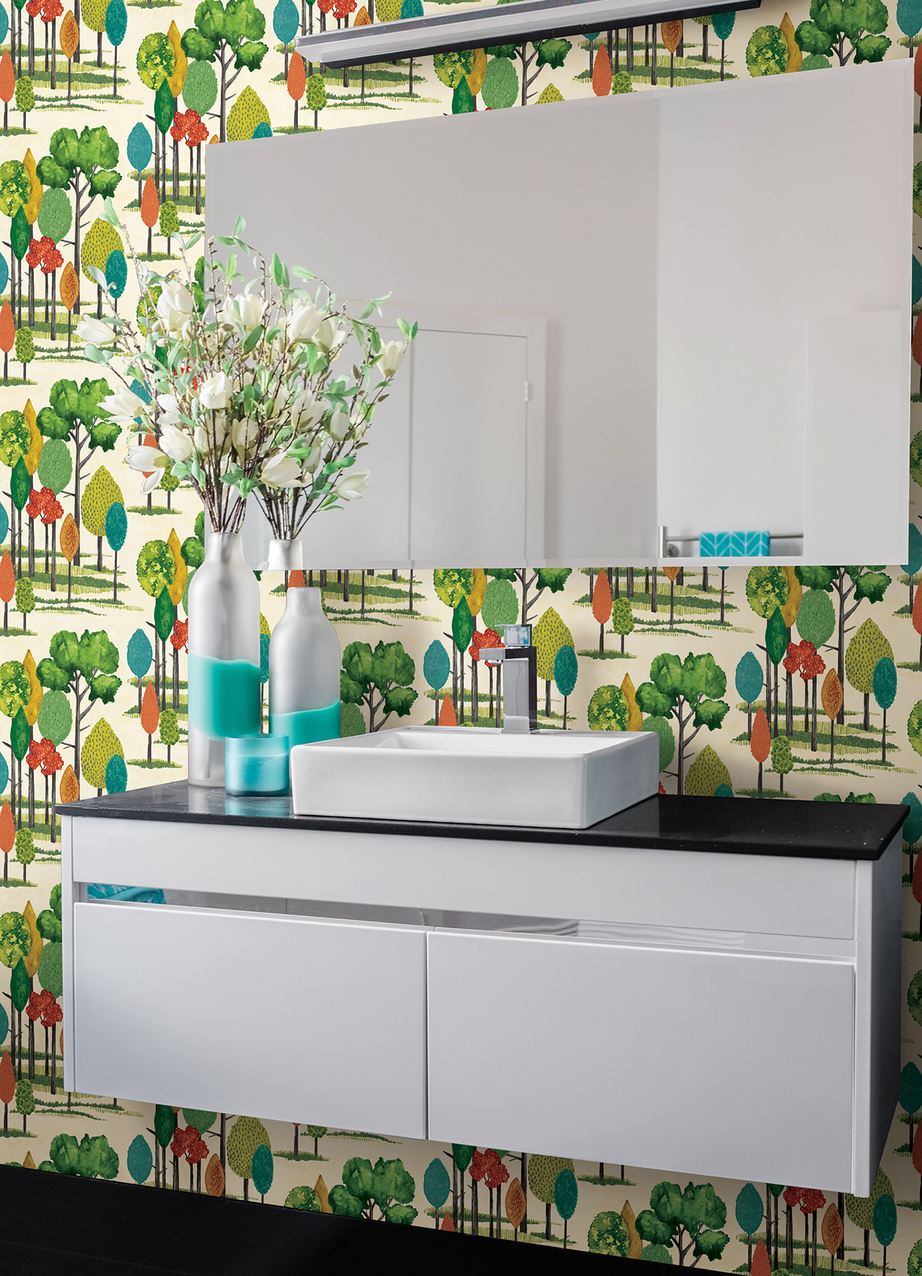 CEP50137W - Cypress Teal Tall Trees Wallpaper - by Ohpopsi