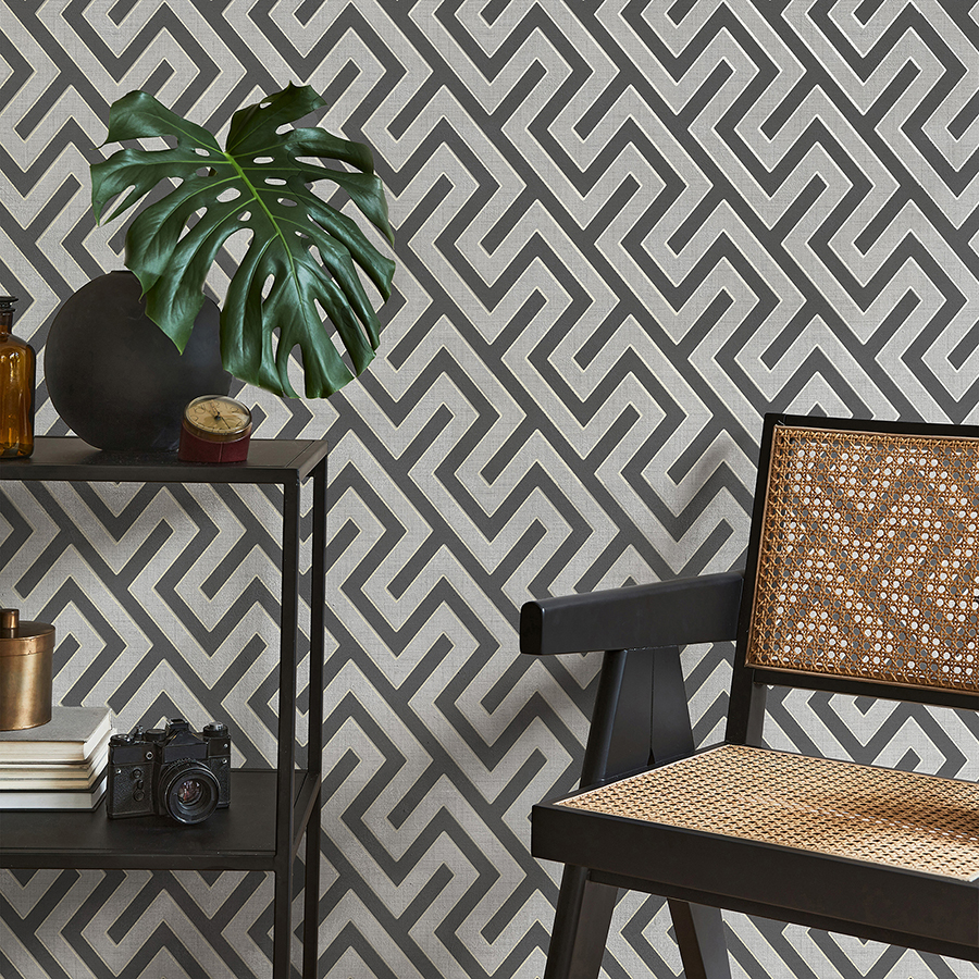 FD43069This - Meander Charcoal Geo Wallpaper - by Fine Décor