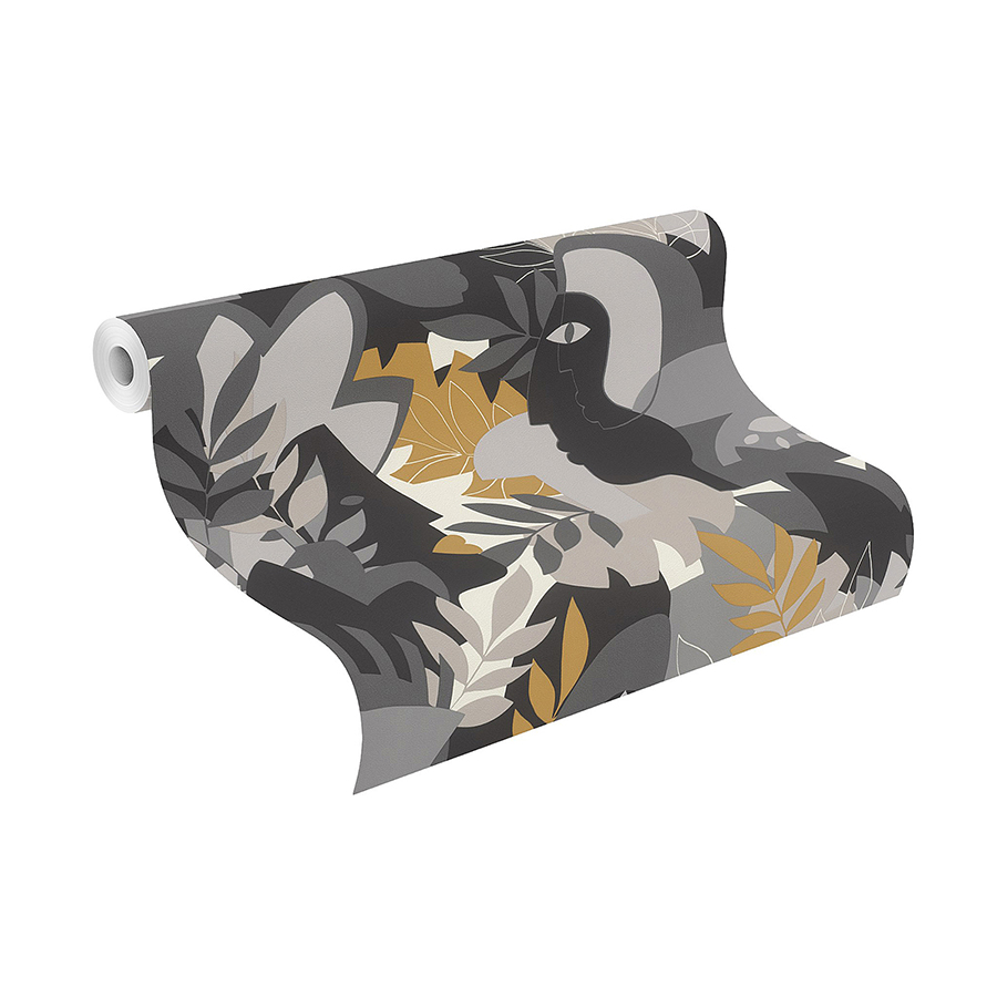 RH464849 - Giacometti Grey Flora & Faces Wallpaper - by Rasch