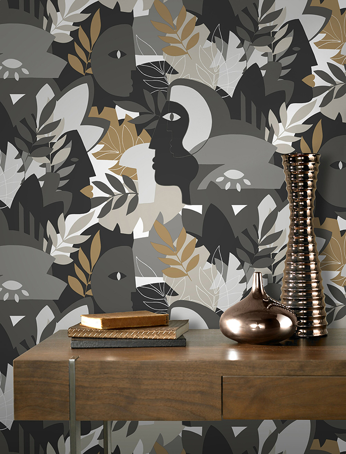 RH464849 - Giacometti Grey Flora & Faces Wallpaper - by Rasch