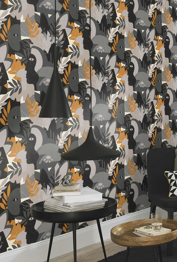 RH464849 - Giacometti Grey Flora & Faces Wallpaper - by Rasch