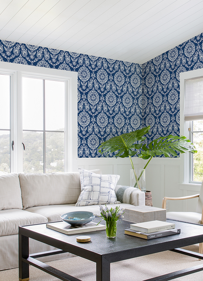 4071-71018 - Helm Damask Navy Floral Medallion Wallpaper - by Chesapeake