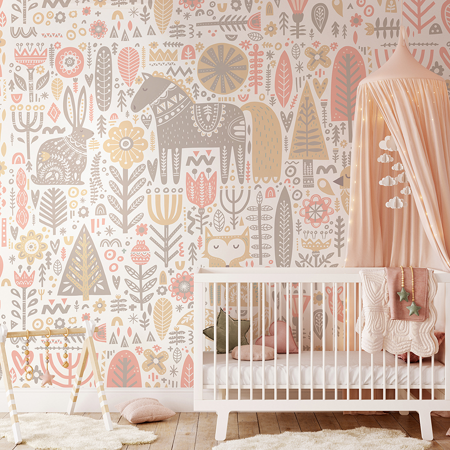 MUR240M - Peach Scandi Forest Animals Wall Mural - by Origin Murals