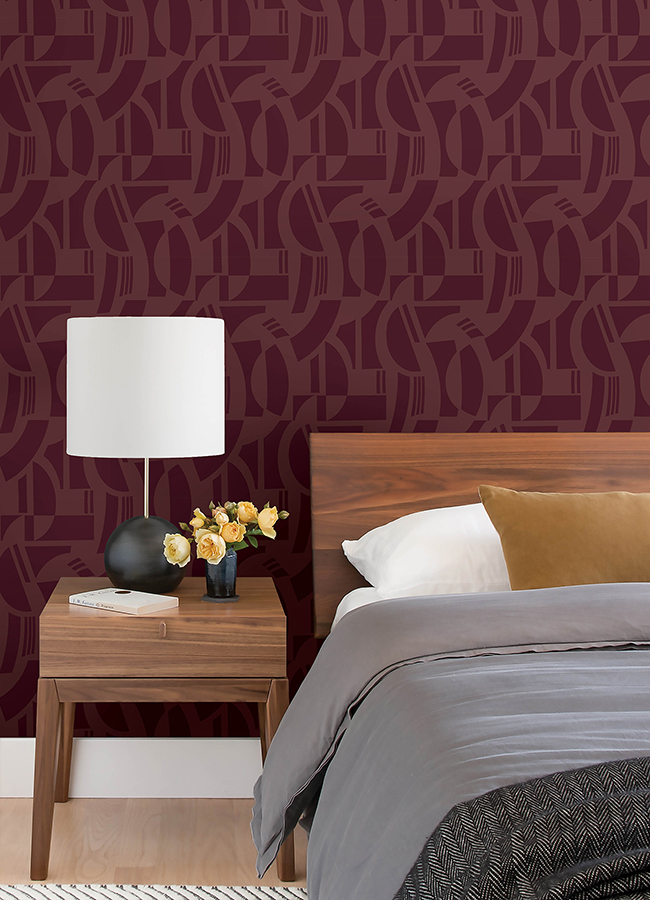 4034-87380 - Carter Burgundy Geometric Flock Wallpaper by Scott Living ...