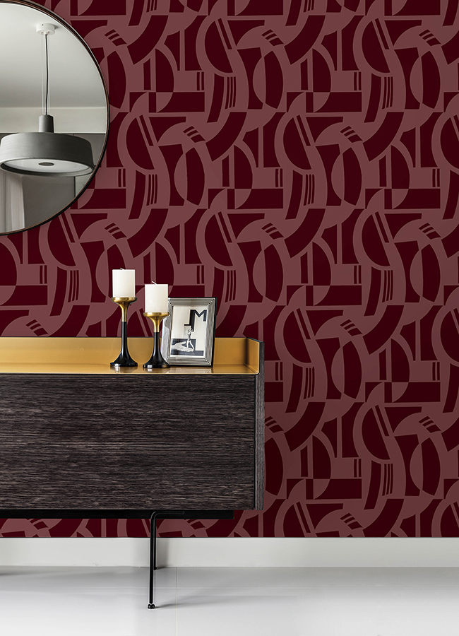 4034-87380 - Carter Burgundy Geometric Flock Wallpaper by Scott Living ...