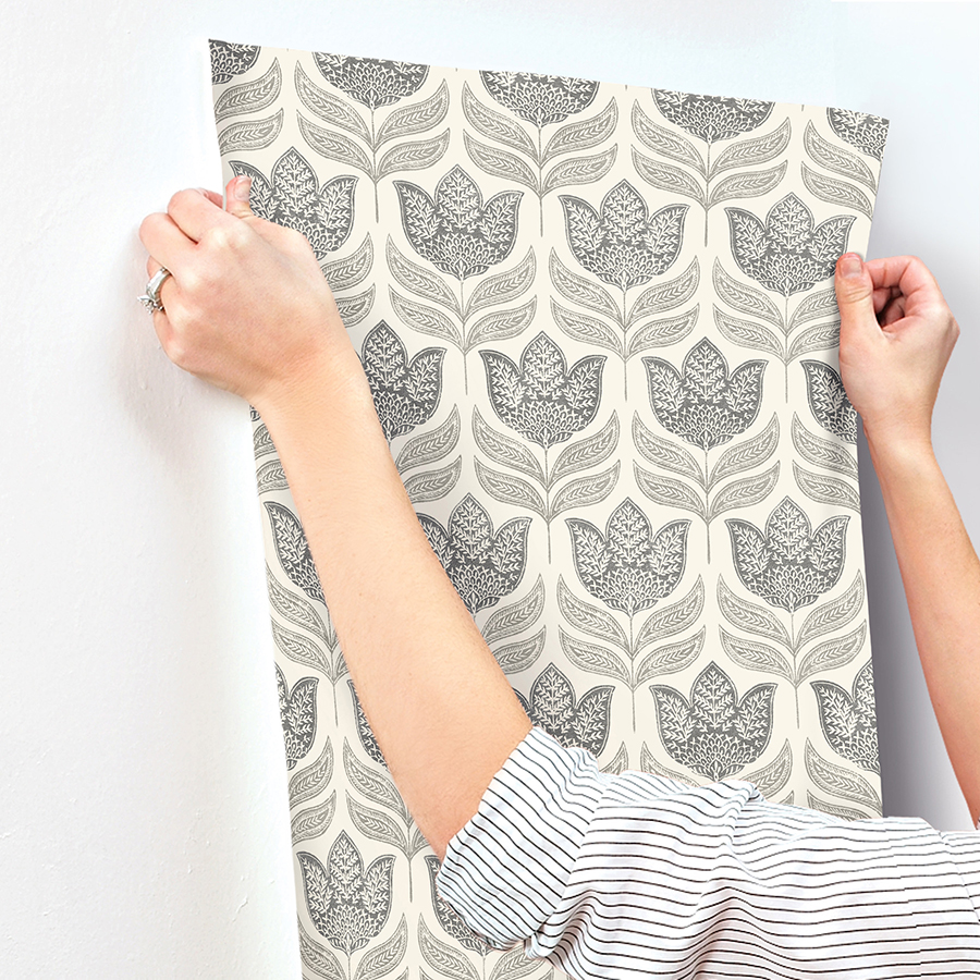 3125-72343 - Cathal Charcoal Tulip Block Print Wallpaper - by Chesapeake