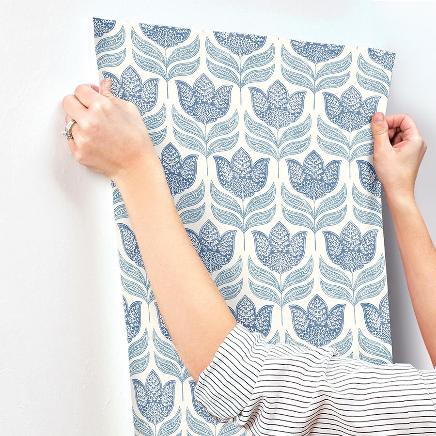 3125-72345 - Cathal Blue Tulip Block Print Wallpaper - by Chesapeake