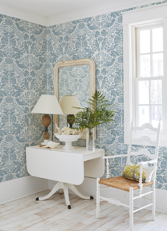 4122-27000 - Nestle Blue Bird Block Print Wallpaper - by A-Street Prints