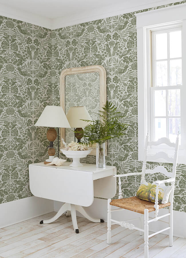 4122-27005 - Nestle Green Bird Block Print Wallpaper - by A-Street Prints
