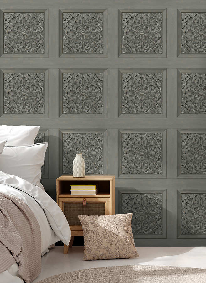 FD43274 - Albie Dark Grey Carved Panel Wallpaper - by Fine Décor