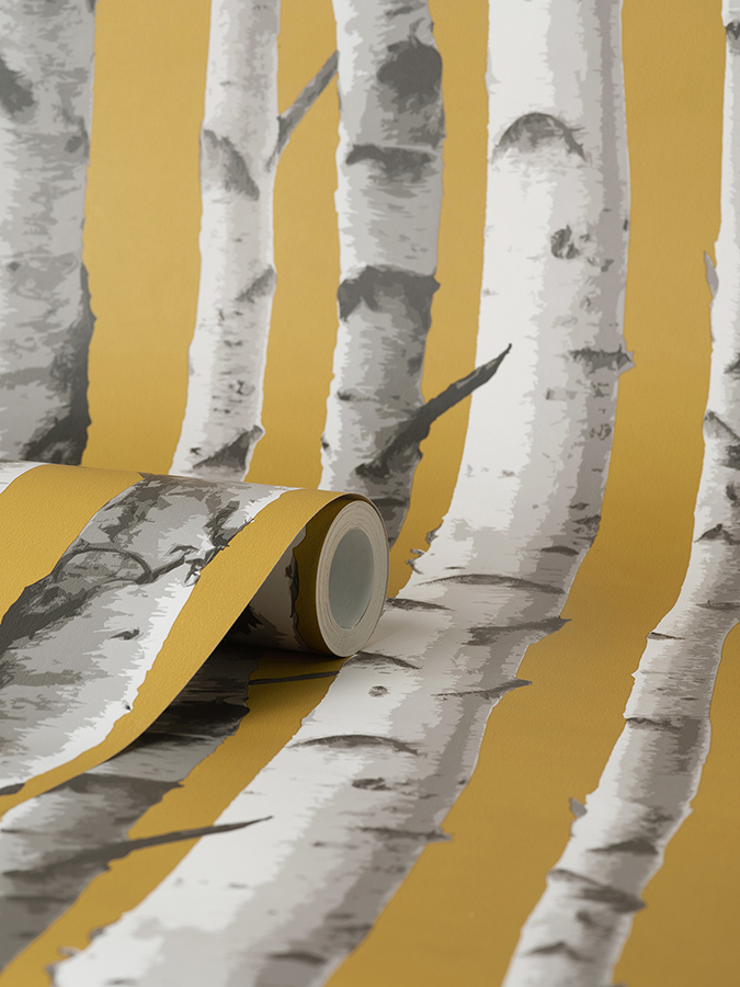 FD43290 - Chester Mustard Birch Trees Wallpaper - by Fine Décor