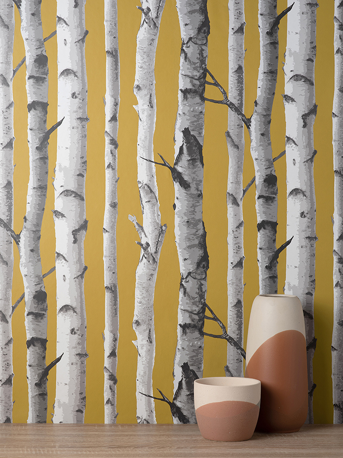 FD43290 - Chester Mustard Birch Trees Wallpaper - by Fine Décor