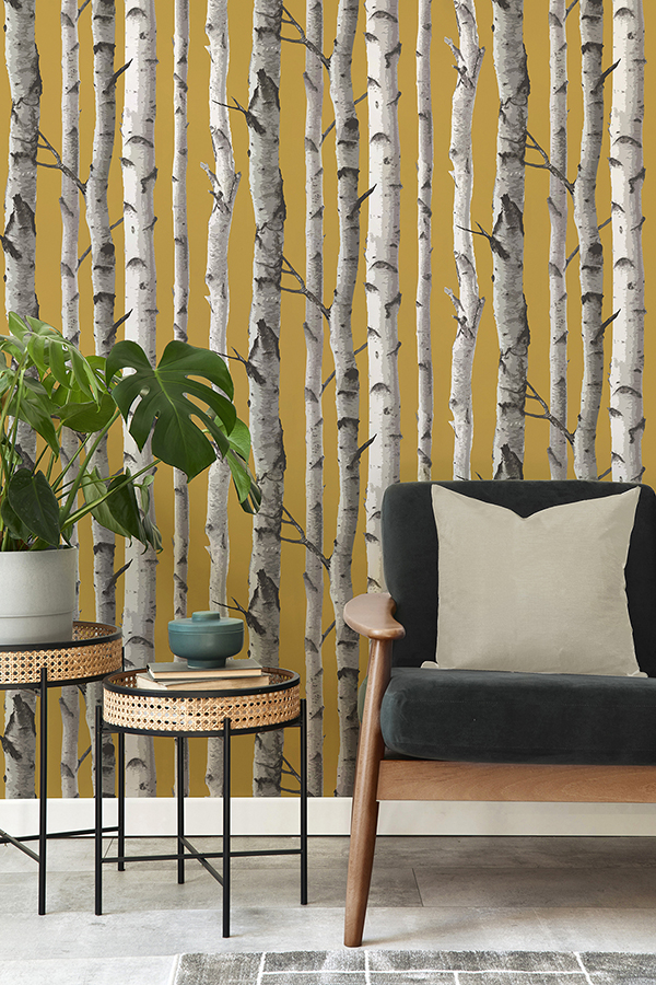 FD43290 - Chester Mustard Birch Trees Wallpaper - by Fine Décor