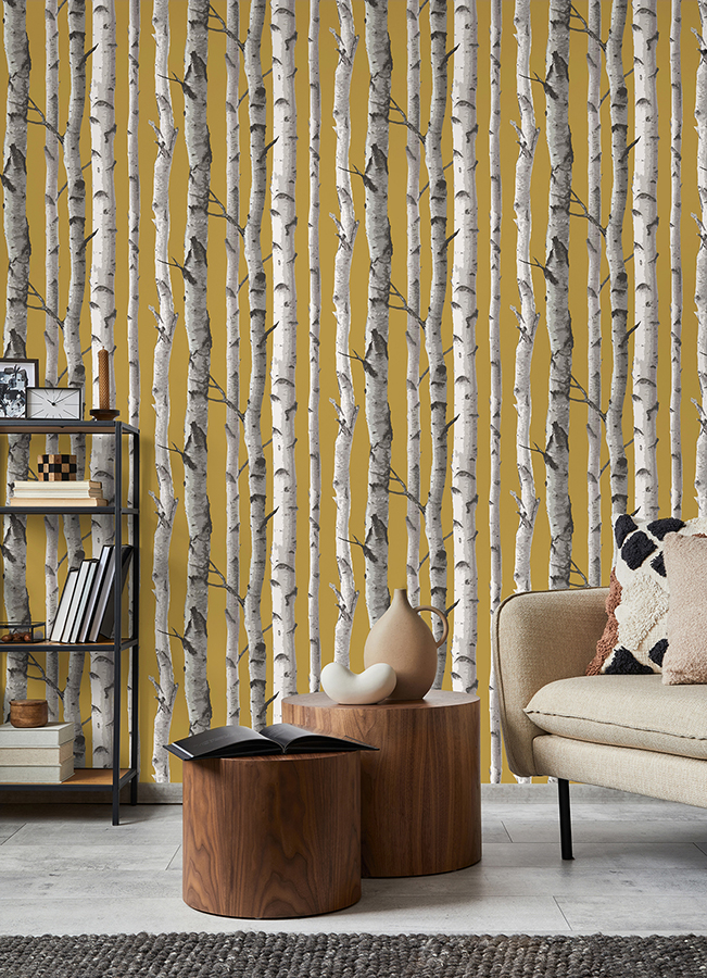 FD43290 - Chester Mustard Birch Trees Wallpaper - by Fine Décor