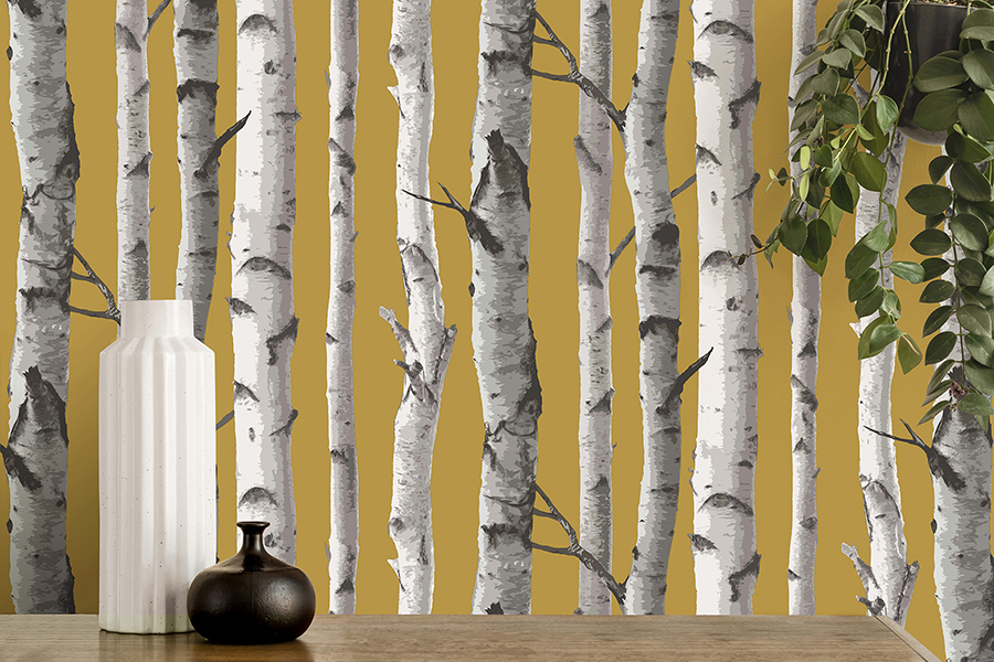 FD43290 - Chester Mustard Birch Trees Wallpaper - by Fine Décor
