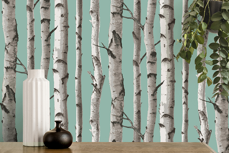 FD43293 - Chester Aqua Birch Trees Wallpaper - by Fine Décor