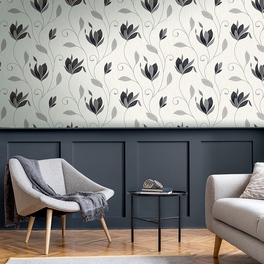 M1719 - Synergy Black Floral Wallpaper - by Fine Décor