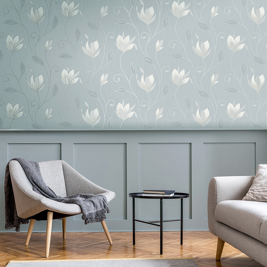 M1740 - Synergy Light Blue Floral Wallpaper - by Fine Décor