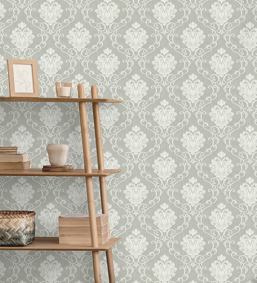 M95659 - Florentine Grey Damask Wallpaper - by Fine Décor