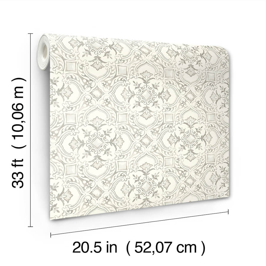 4134-72515 - Marjoram Light Grey Floral Tile Wallpaper - by Chesapeake