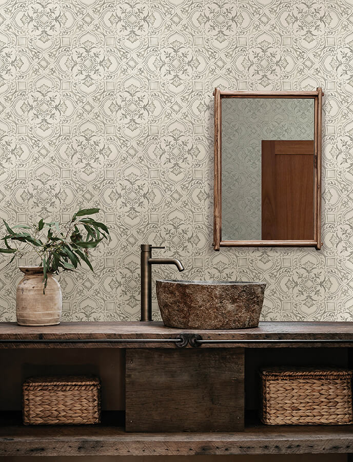 4134-72515 - Marjoram Light Grey Floral Tile Wallpaper - by Chesapeake