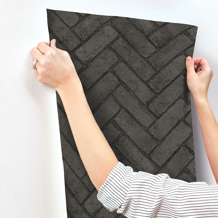 4134-72533 - Canelle Black Brick Herringbone Wallpaper - by Chesapeake