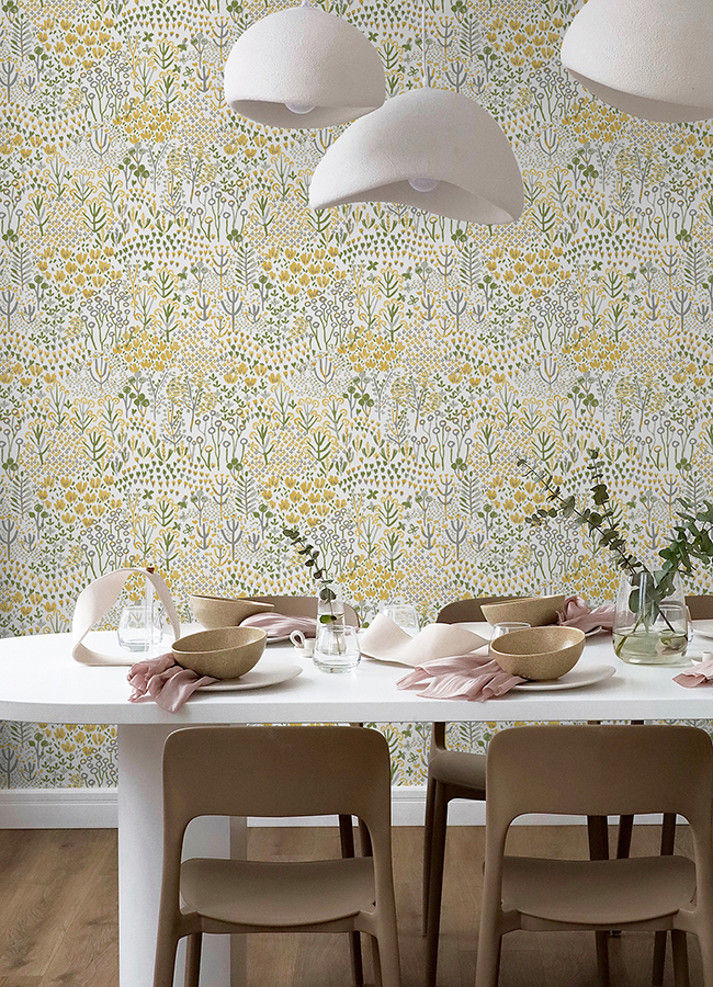NUS6211 - Flower Parade Yellow Peel and Stick Wallpaper - by NuWallpaper