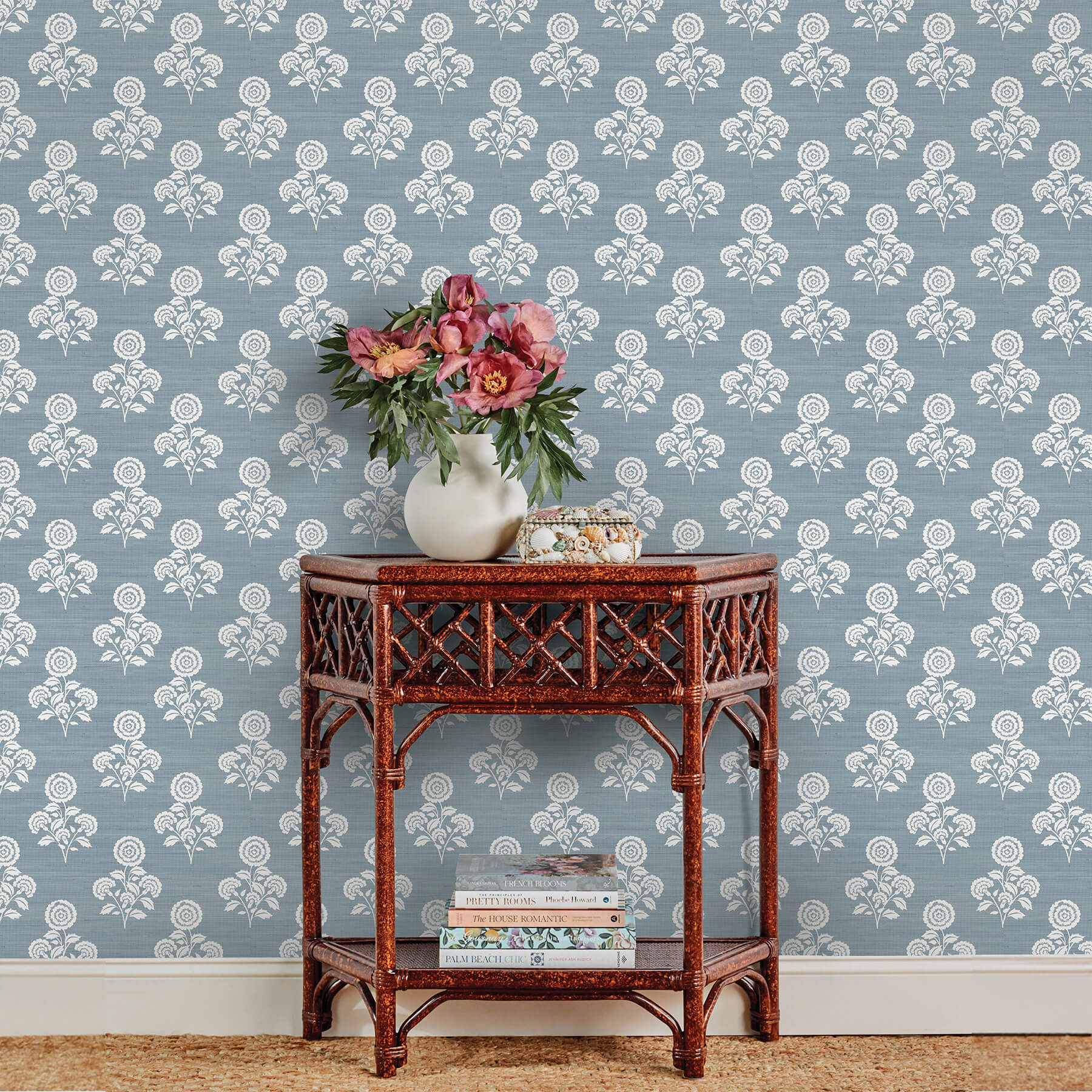 SSS6309 - Flourish Block Print Mineral Blue Faux Grasscloth Peel and ...
