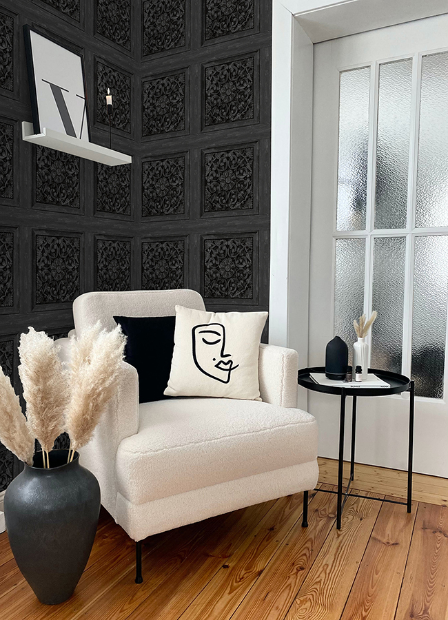 NHS6178 - Carved Floral Black Peel and Stick Wallpaper - by InHome