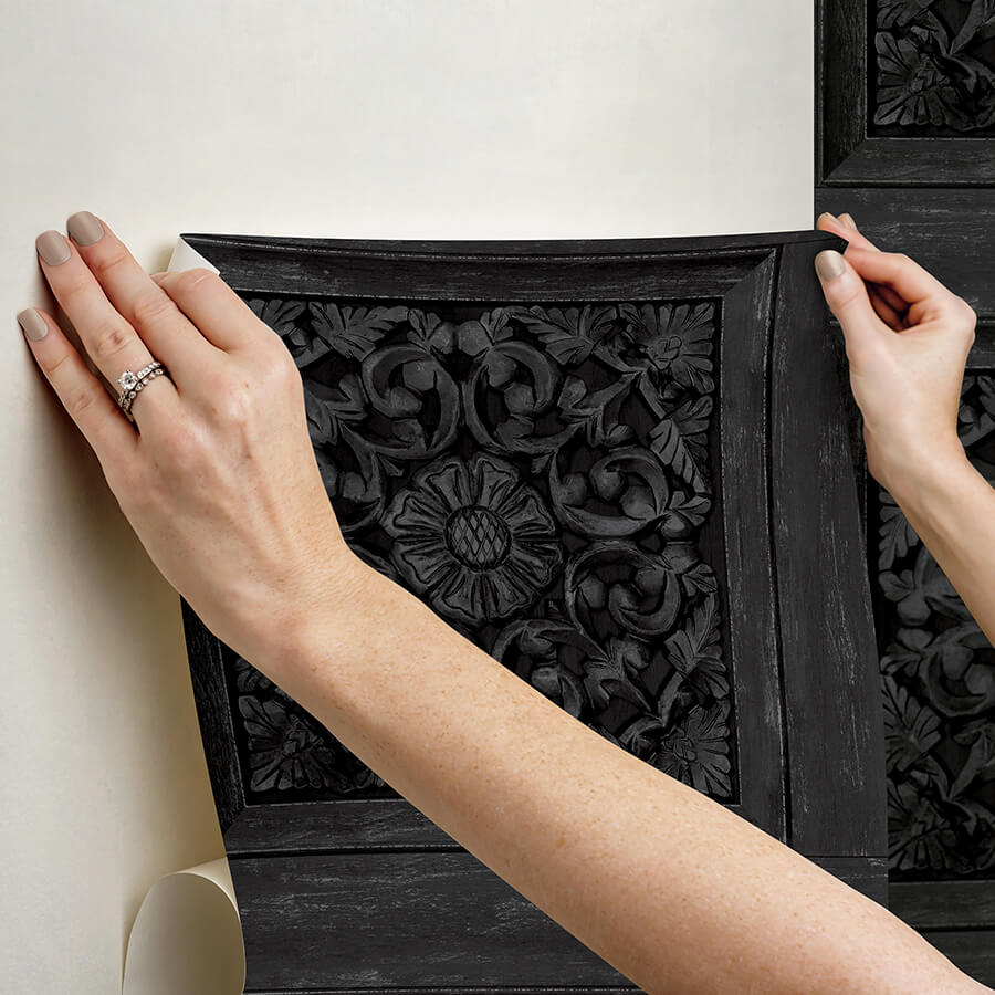 NHS6178 - Carved Floral Black Peel and Stick Wallpaper - by InHome