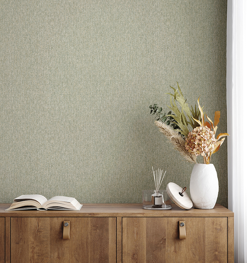 4164-M1823 - Herringbone Green Tweed Wallpaper - by Advantage