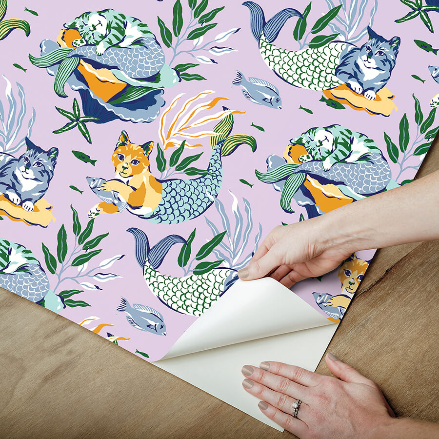 PFS6392 - Meowing Mermaids Lavender Peel and Stick Wallpaper - by ...