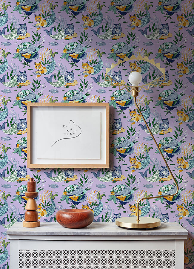 PFS6392 - Meowing Mermaids Lavender Peel and Stick Wallpaper - by ...