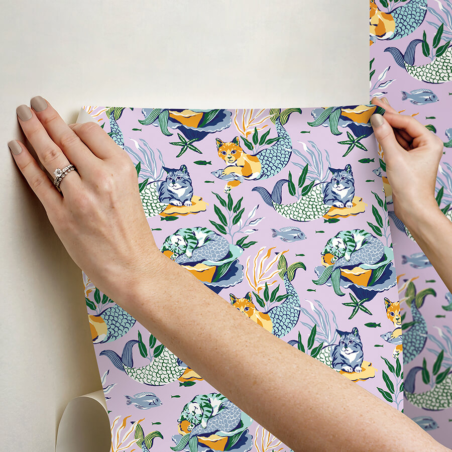 PFS6392 - Meowing Mermaids Lavender Peel and Stick Wallpaper - by ...