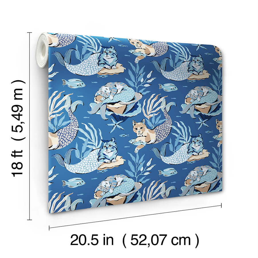 PFS6393 - Meowing Mermaids Blue Peel and Stick Wallpaper - by PrintFresh