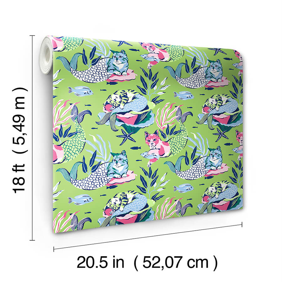 PFS6394 - Meowing Mermaids Lime Green Peel and Stick Wallpaper - by ...