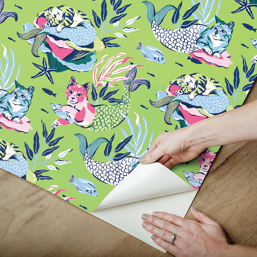 PFS6394 - Meowing Mermaids Lime Green Peel and Stick Wallpaper - by ...