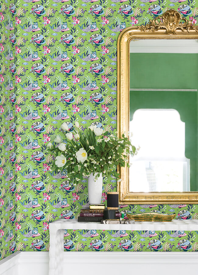 PFS6394 - Meowing Mermaids Lime Green Peel and Stick Wallpaper - by ...