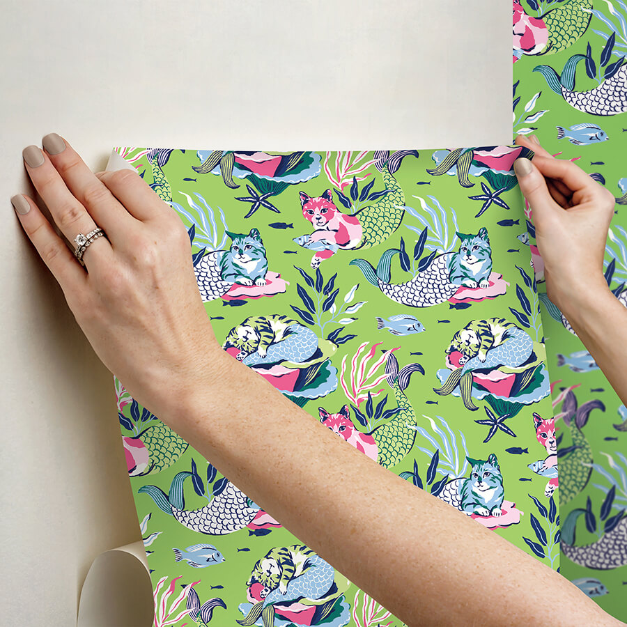 PFS6394 - Meowing Mermaids Lime Green Peel and Stick Wallpaper - by ...