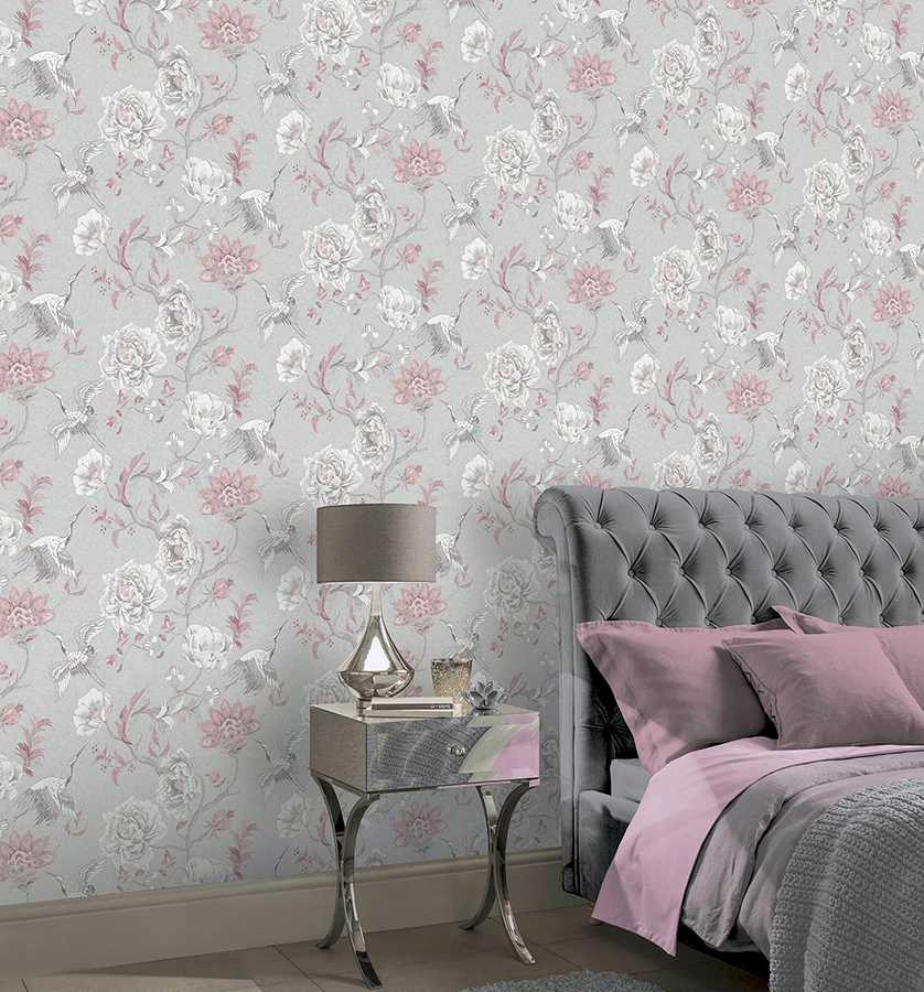 AH297400 - Maggie Light Grey Cranes Wallpaper - by Arthouse