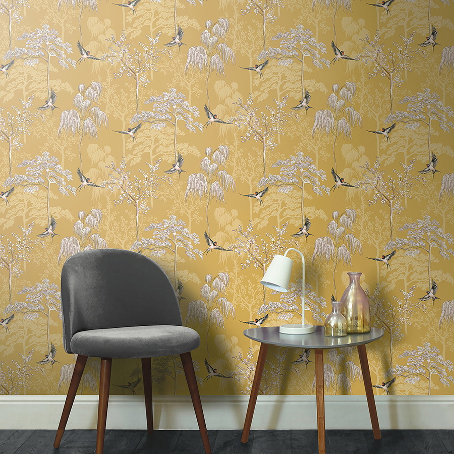 AH908002 - Asuka Yellow Sparrow Forest Wallpaper - by Arthouse