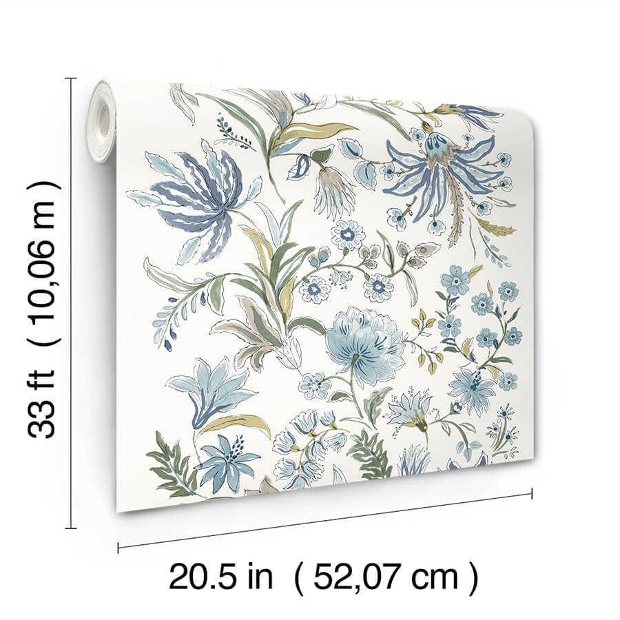 York Wallcoverings. 4147-27398 - Teonna Blue Floral Stripe Wallpaper ...